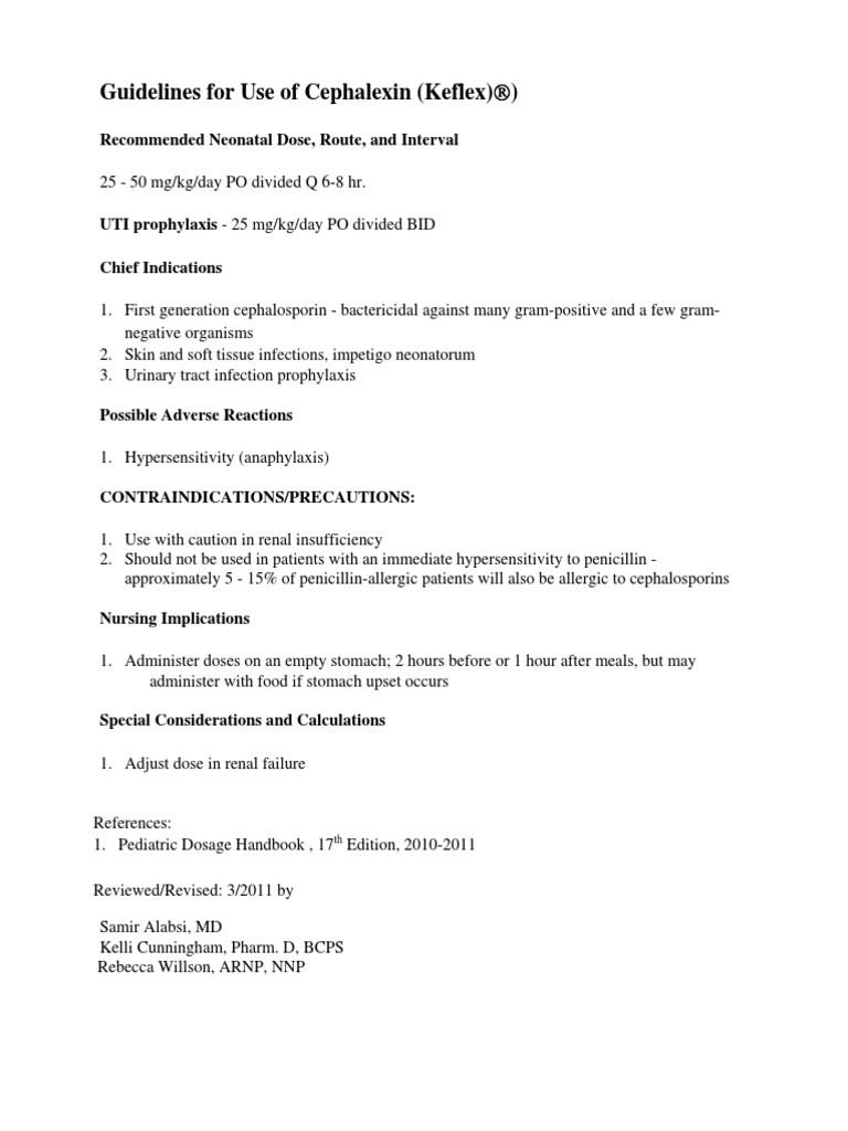 Guidelines For Use of Cephalexin (Keflex) : Recommended Neonatal Dose, Route, and Interval | PDF