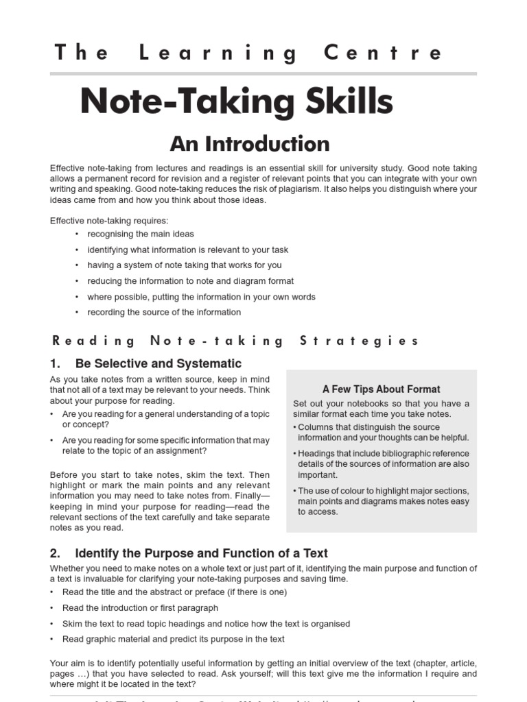 Note-Taking Skills: The Learning Centre | PDF | Semiotics | Grammar