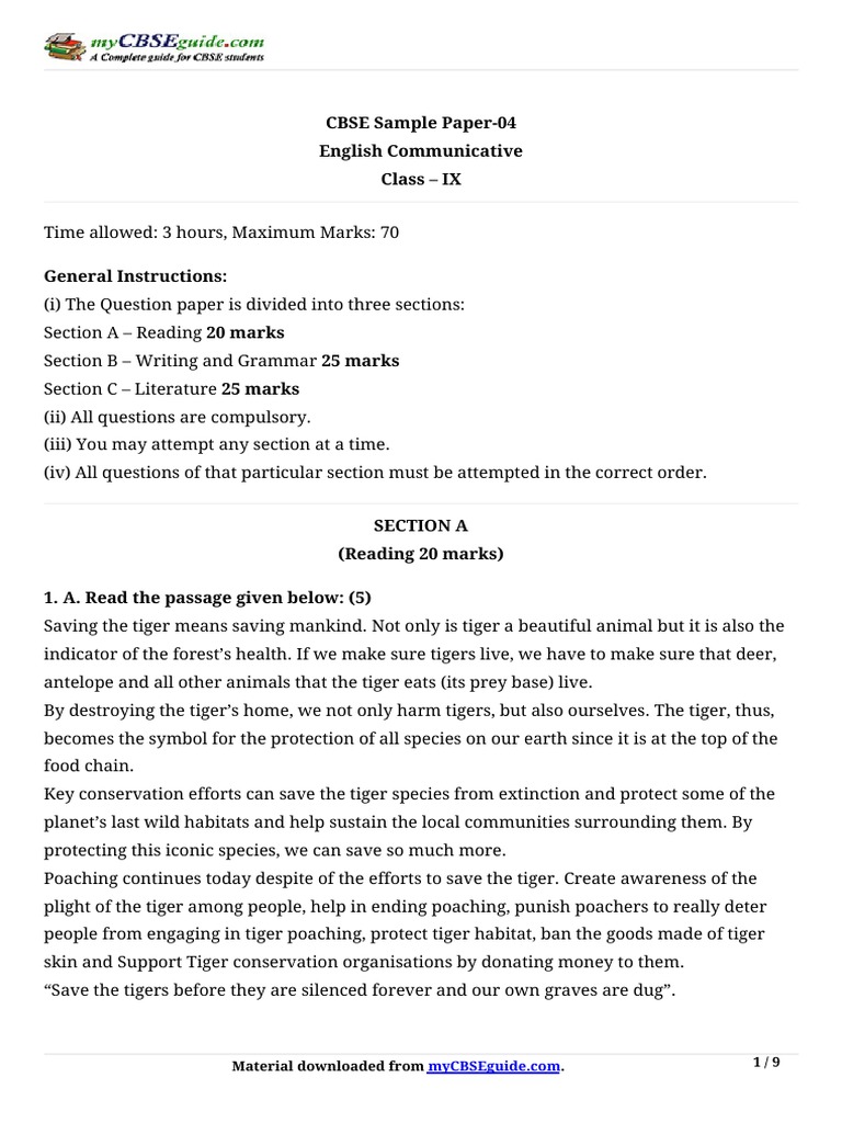 CBSE Sample Paper-04 English Communicative Class - IX: Material ...