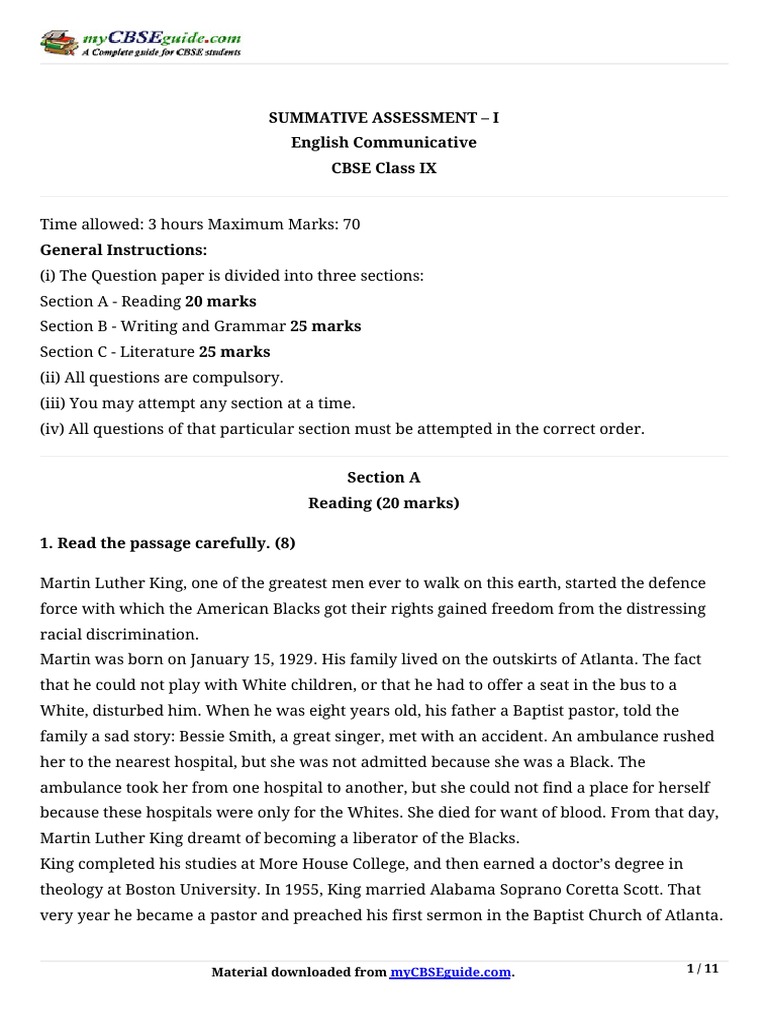 Summative Assessment - I English Communicative Cbse Class Ix | PDF | Nonviolence | Nature