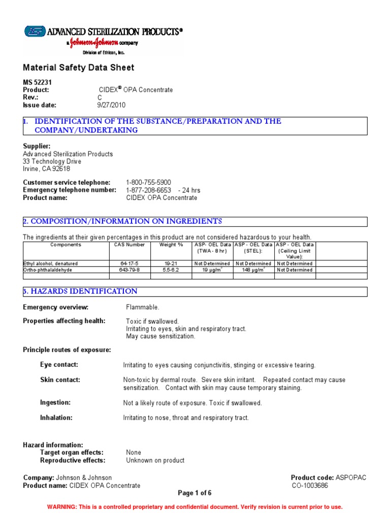 Cidex Opa Msds | Toxicity | Dangerous Goods