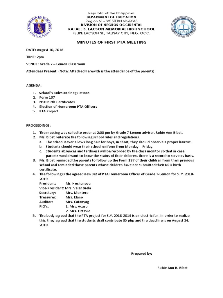 Minutes of First Pta Meeting | PDF | Behavior Modification | Schools