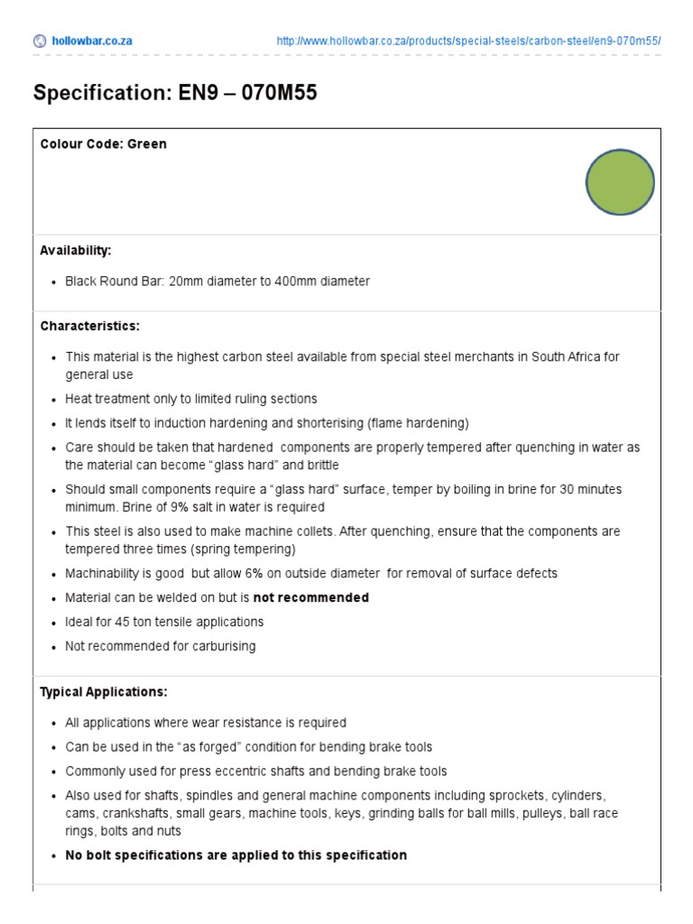 Specification: EN9 - 070M55: Hollowbar - Co.za | PDF | Steel | Crafts