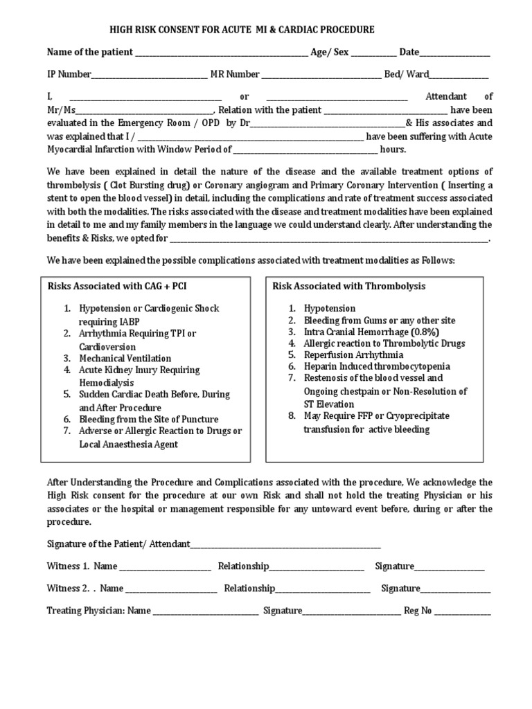 High Risk Consent For PCI | PDF | Percutaneous Coronary Intervention ...
