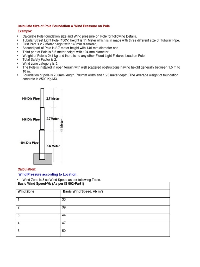 Pole Foundation Size & Wind Pressure Calculation | PDF | Metre | Wound
