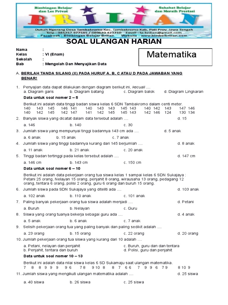 Soal Matematika Kelas 6 SD Bab 4 Pengolahan Dan Penyajian Data Dan Kunci Jawaban | PDF