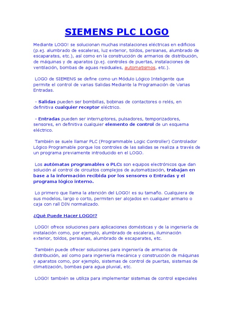 Introducción al LOGO de Siemens PLC | PDF | Puerta lógica | Controlador ...