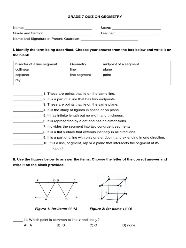Quiz On Geometry For Grade 7 | PDF | Line (Geometry) | Spacetime