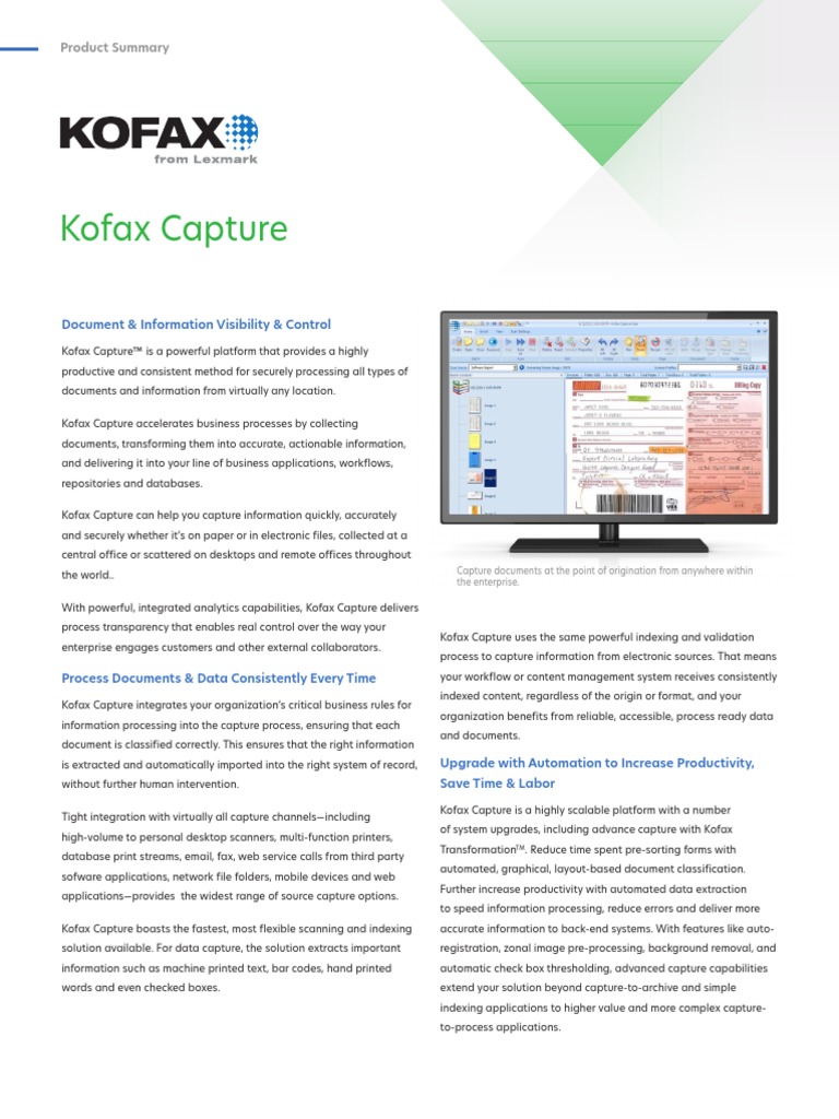 Kofax Capture: Product Summary | PDF | Business Process | Automation