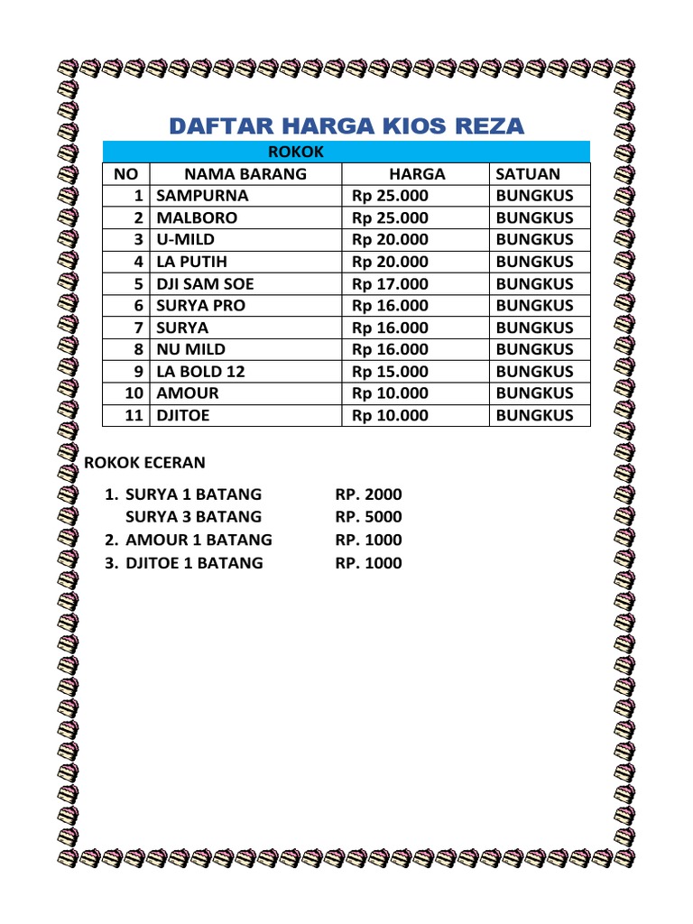 Daftar Harga Kios Reza | PDF