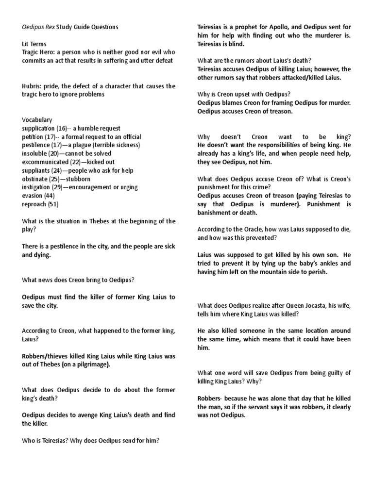 Oedipus Rex Study Guide Questions | PDF | Oedipus | Theban Mythology