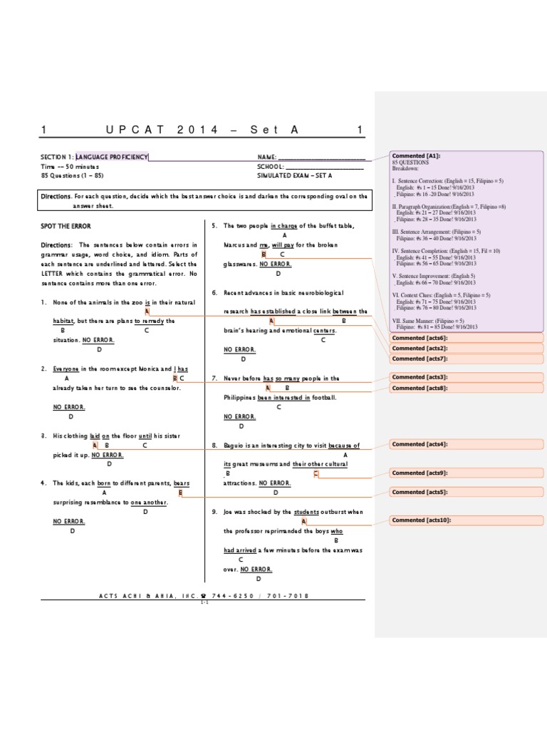 Upcat 2014 - Simulated Exam - Set A - Section 1 - Language Proficiency ...