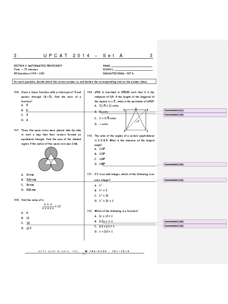 Upcat 2014 - Simulated Exam - Set A - Section 3 - Mathematics ...