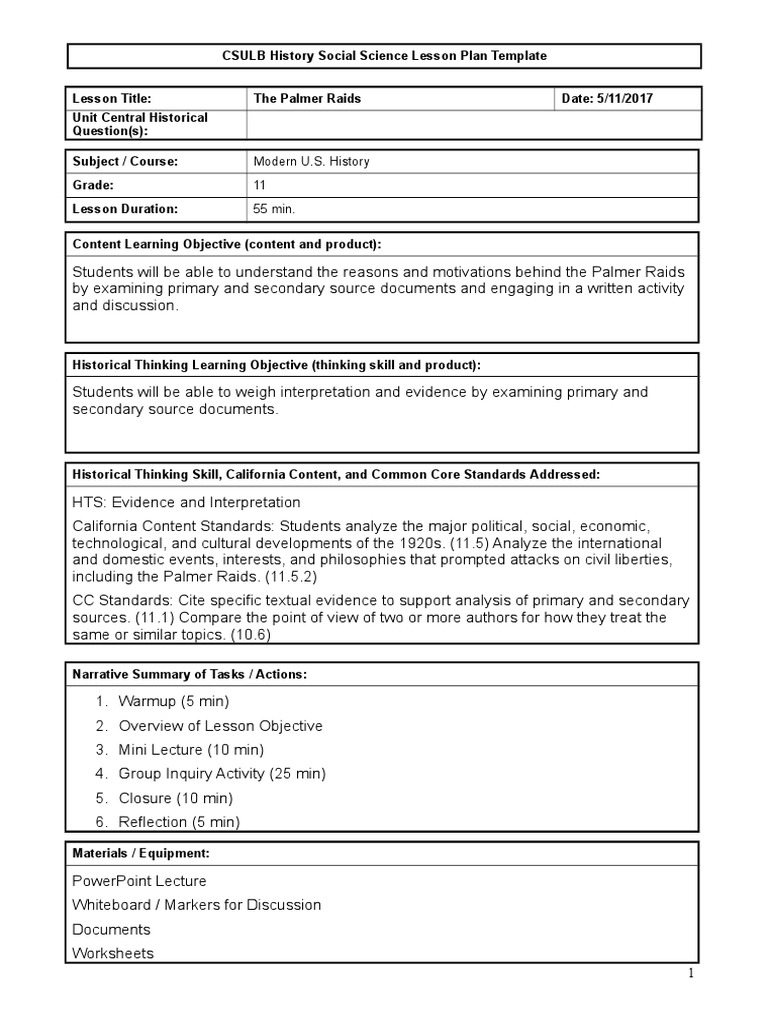 Palmer Raids Lesson Plan | PDF | Lesson Plan | Inquiry Based Learning