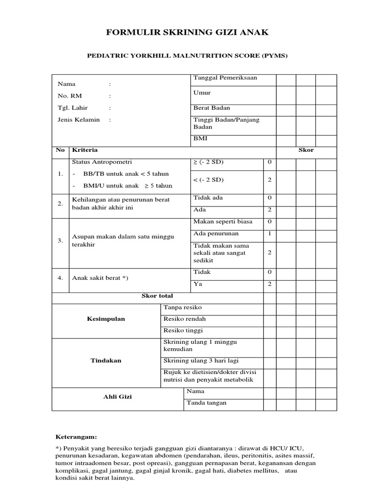 Formulir Skrining Gizi Anak | PDF