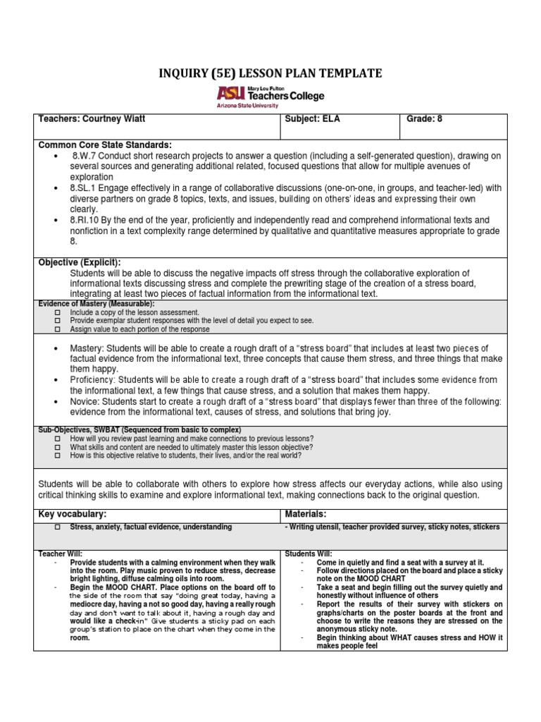Inquiry 5e Lesson Plan Template 1 | PDF | Stress (Biology) | Lesson Plan