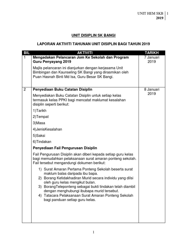 Unit Disiplin Laporan Aktiviti 2019 | PDF