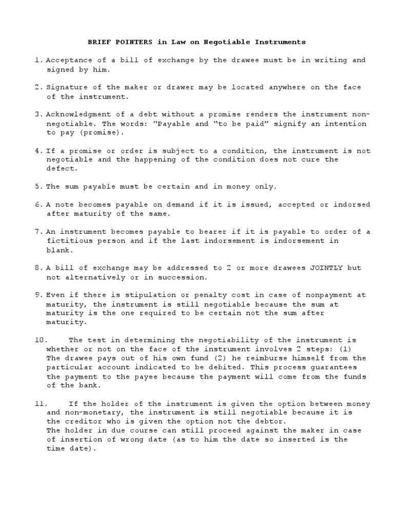Brief Pointers in NEGO | PDF | Negotiable Instrument | Cheque