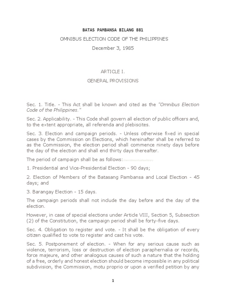 Omnibus Election Code of The Philippines December 3, 1985: Batas ...