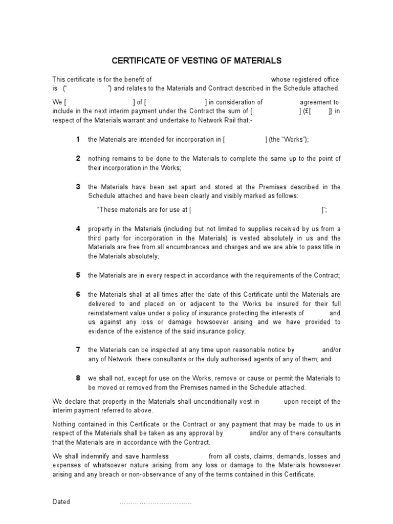 Vesting Certificate | Indemnity