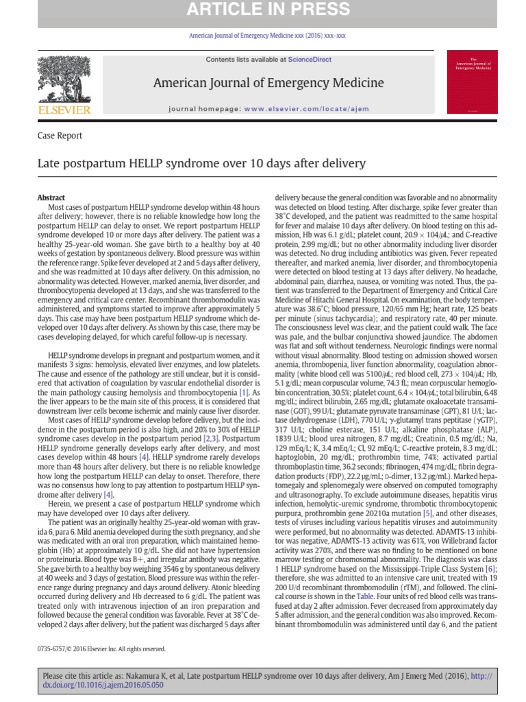 Late Postpartum HELLP Syndrome Over 10 Days After Delivery | PDF ...