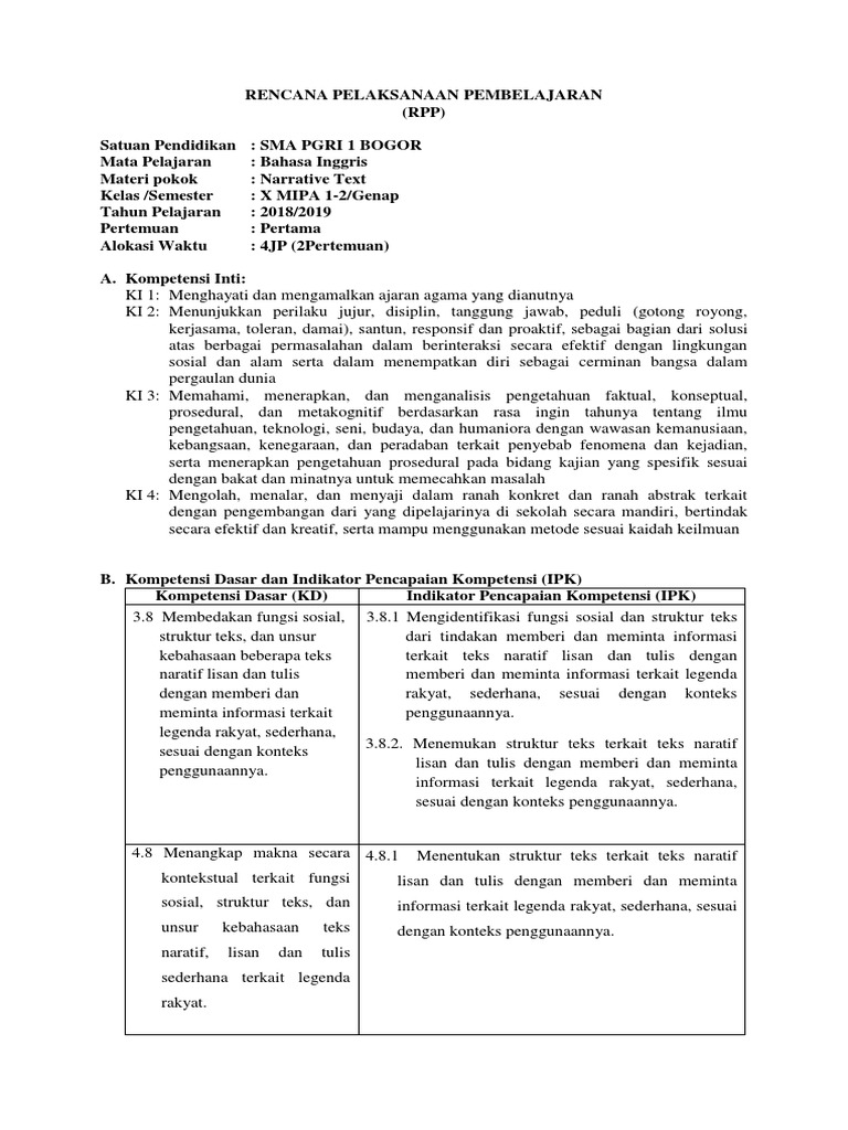 RPP Narrative Text Kelas X | PDF