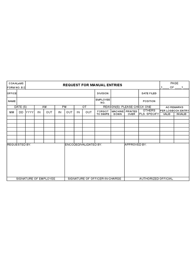 Request For Manual Entries: Coa Alems Form No. E-2 Office Division Date ...
