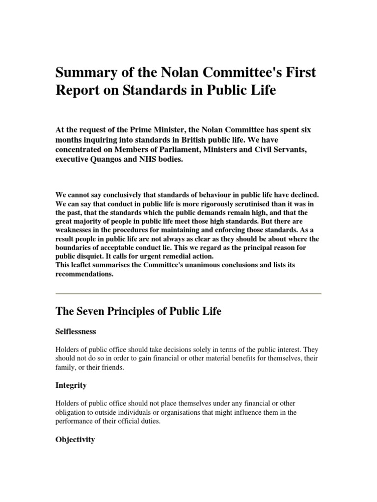 Setting Standards in Public Life: The Nolan Committee's Recommendations ...