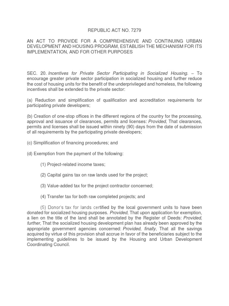 Republic Act No. 7279 Section 20 | PDF