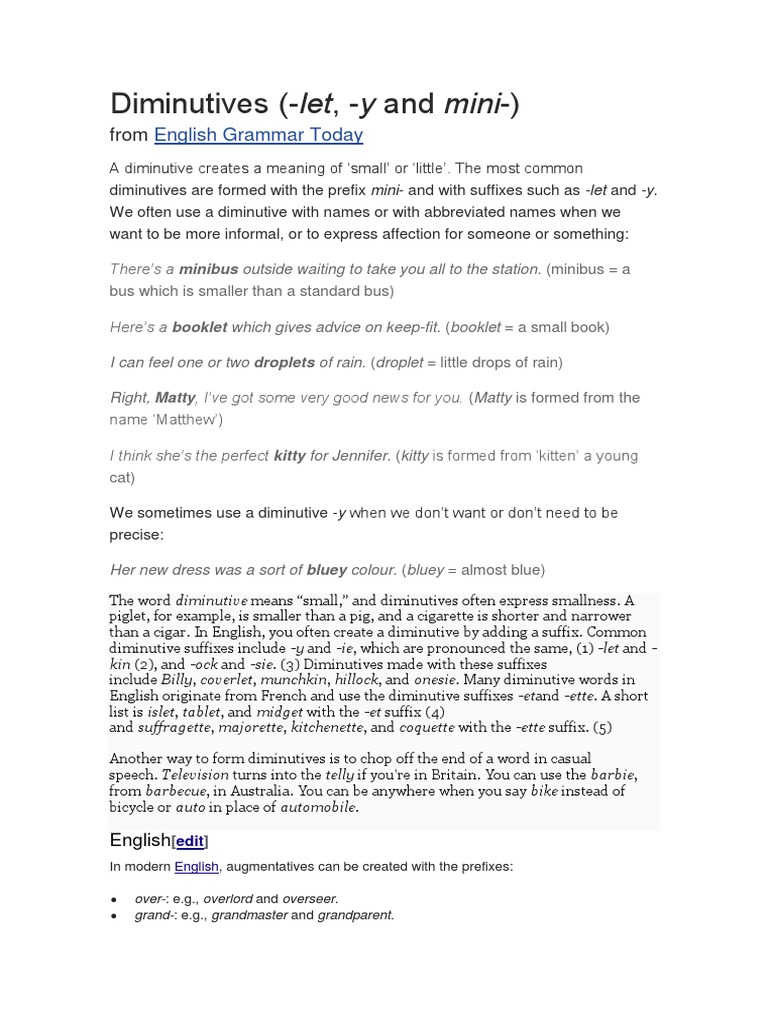 Diminutives (-Let, - y and Mini-) : English Grammar Today | PDF