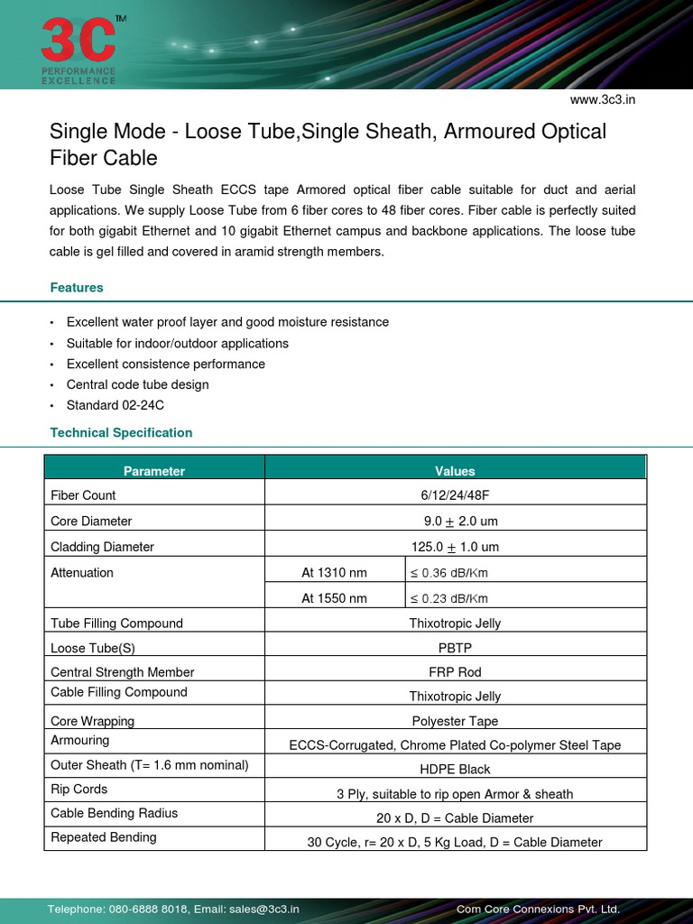 Single Mode Armored Fiber Cable Specs | PDF | Optical Fiber | Equipment