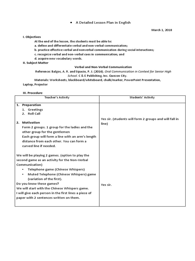 A Detailed Lesson Plan in English ORAL COMMUNICATION | PDF | Nonverbal ...