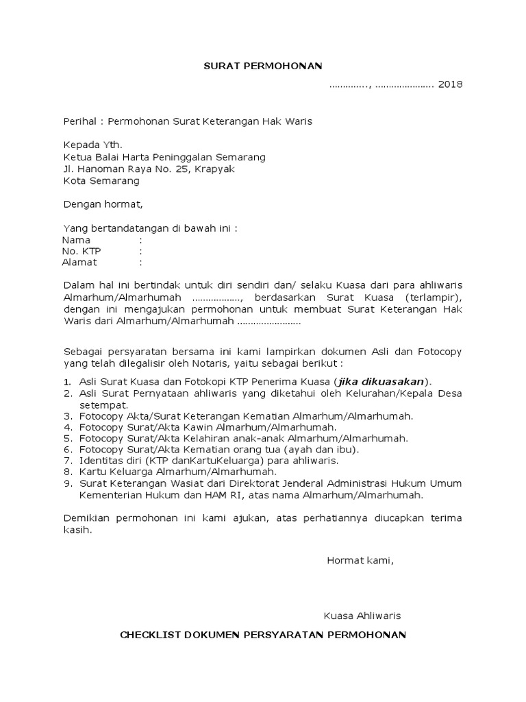 Contoh Surat Permohonan SKHW Dan Checklist Dokumen | PDF