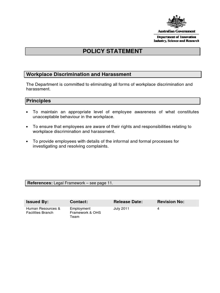 Policy Statement: Workplace Discrimination and Harassment | PDF ...