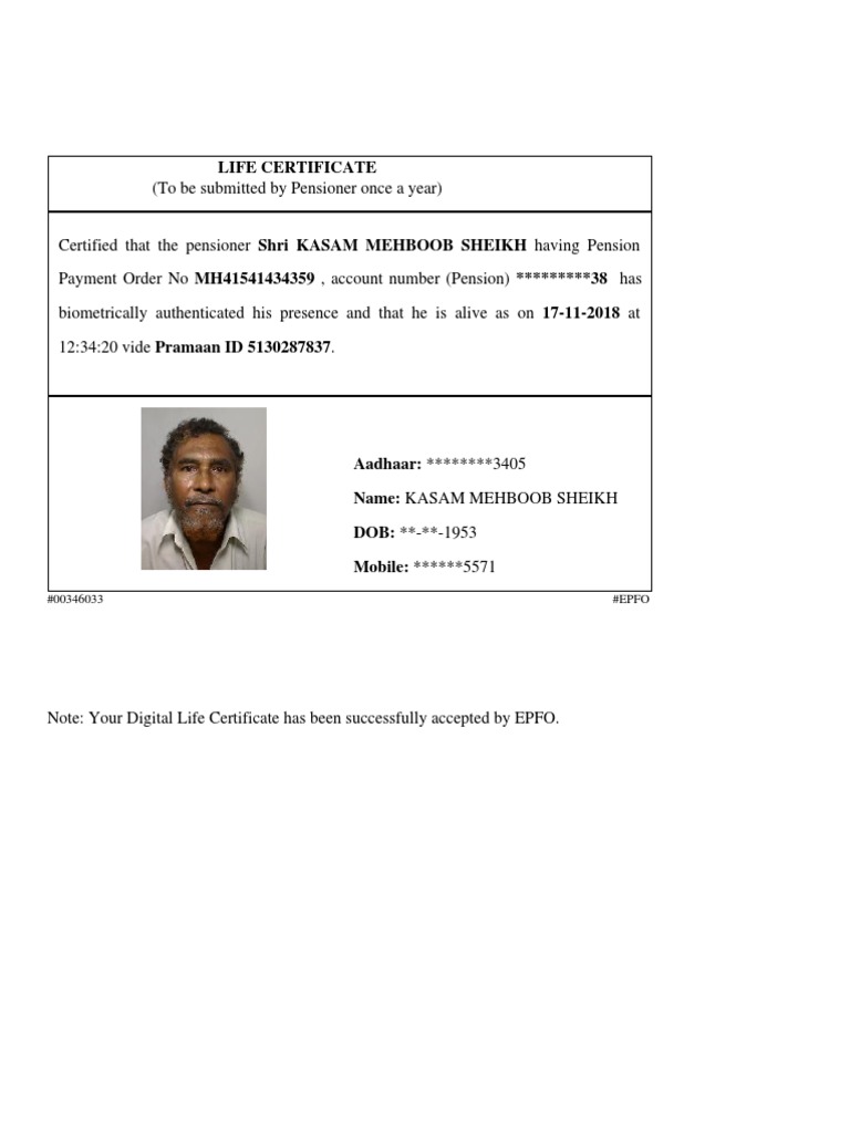 EPFO Life Certificate Confirmation | PDF