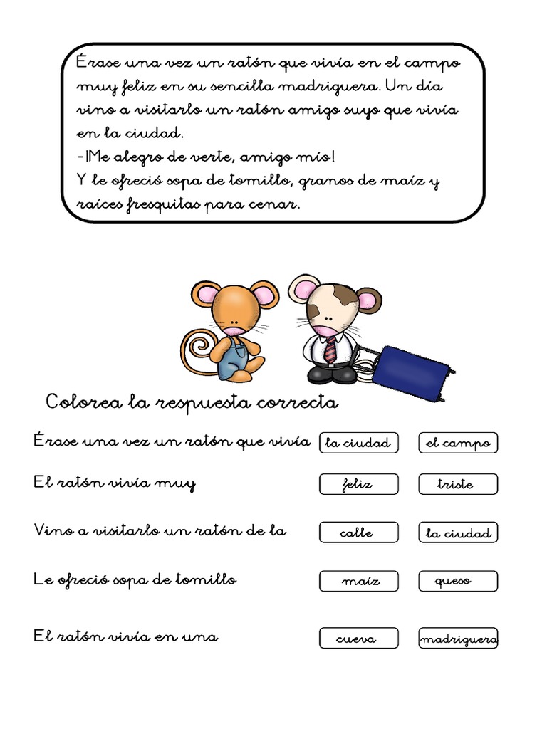 Fichas Comprensión Lectora - El Ratón de Ciudad y El Ratón de Campo ...
