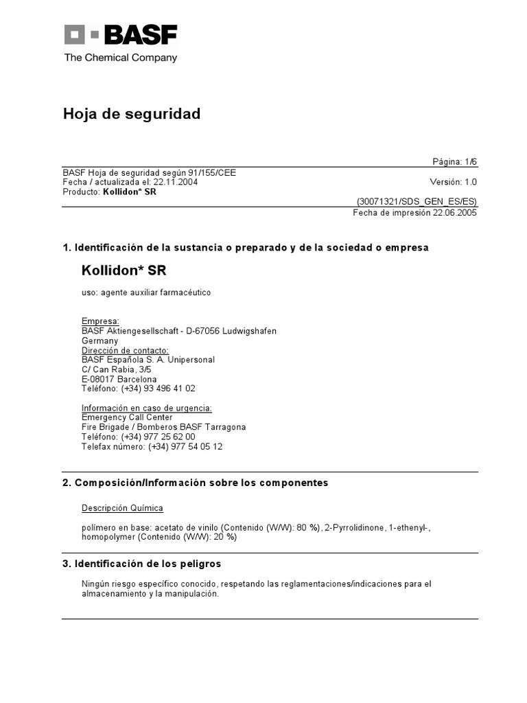 Kollidon SR | PDF | Descomposición | Seguridad y salud ocupacional