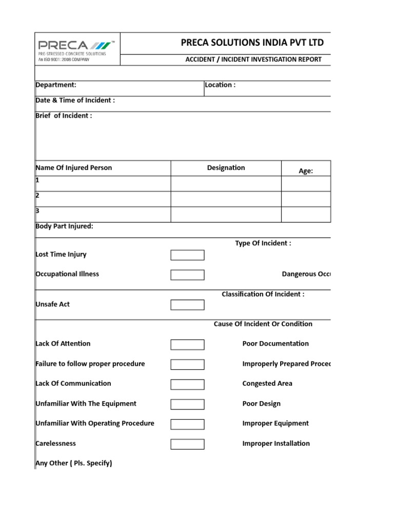 Preca Solutions India PVT LTD: Accident / Incident Investigation Report ...