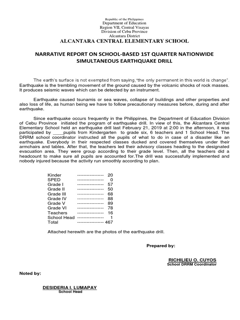 Sample Report Earthquake Drill 2019 | PDF | Emergency Evacuation ...