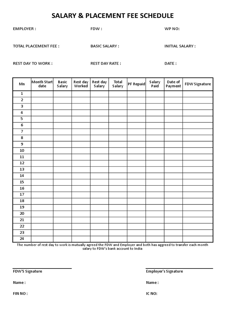 Salary & Placement Fee Schedule: Employer: FDW: WP No | PDF