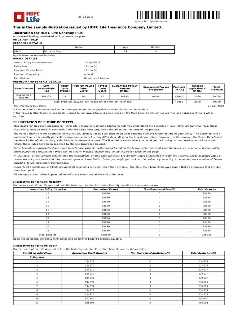 This Is The Sample Illustration Issued by HDFC Life Insurance Company ...