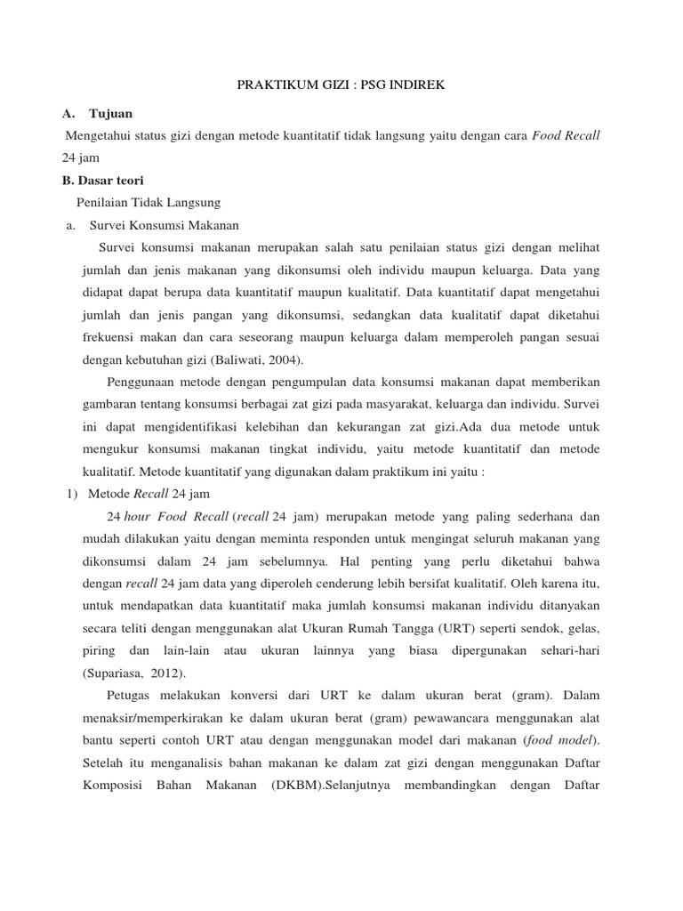 Praktikum Gizi: Metode PSG Indirek | PDF