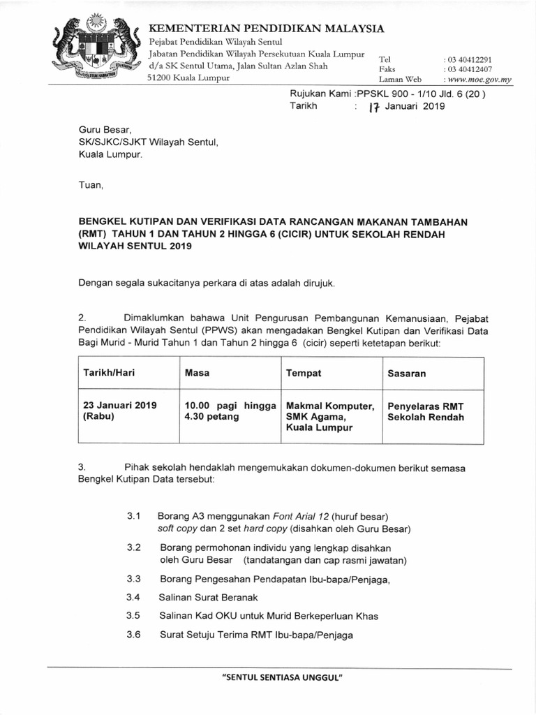 Bengkel Kutipan Data RMT Sekolah Sentul 2019 | PDF