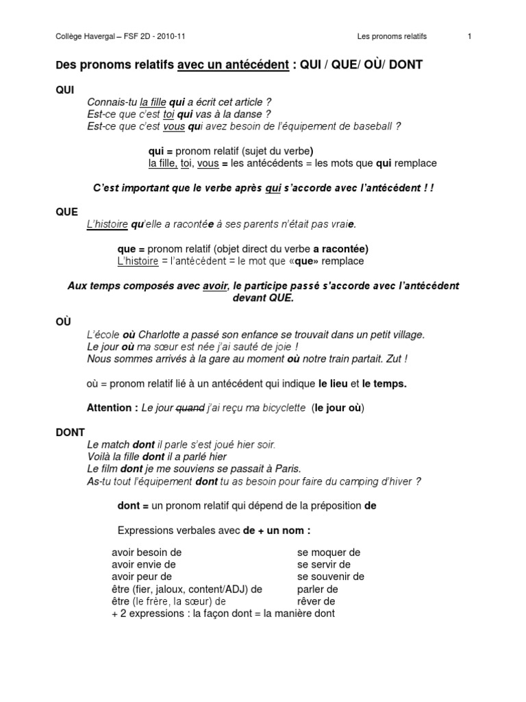 Les Pronoms Relatifs - Qui, Que, Où, Dont | PDF | Sujet (Grammaire ...