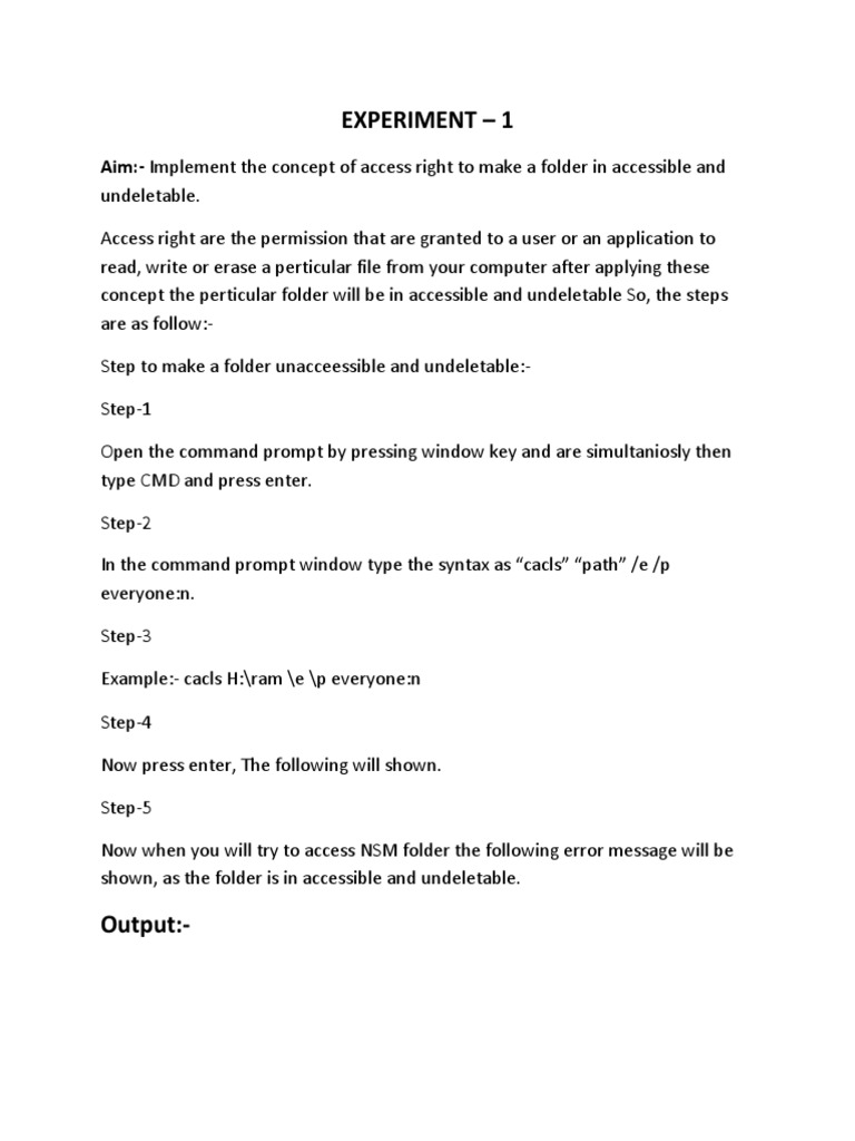 Experiment - 1: Aim:-Implement The Concept of Access Right To Make A Folder in Accessible and | PDF