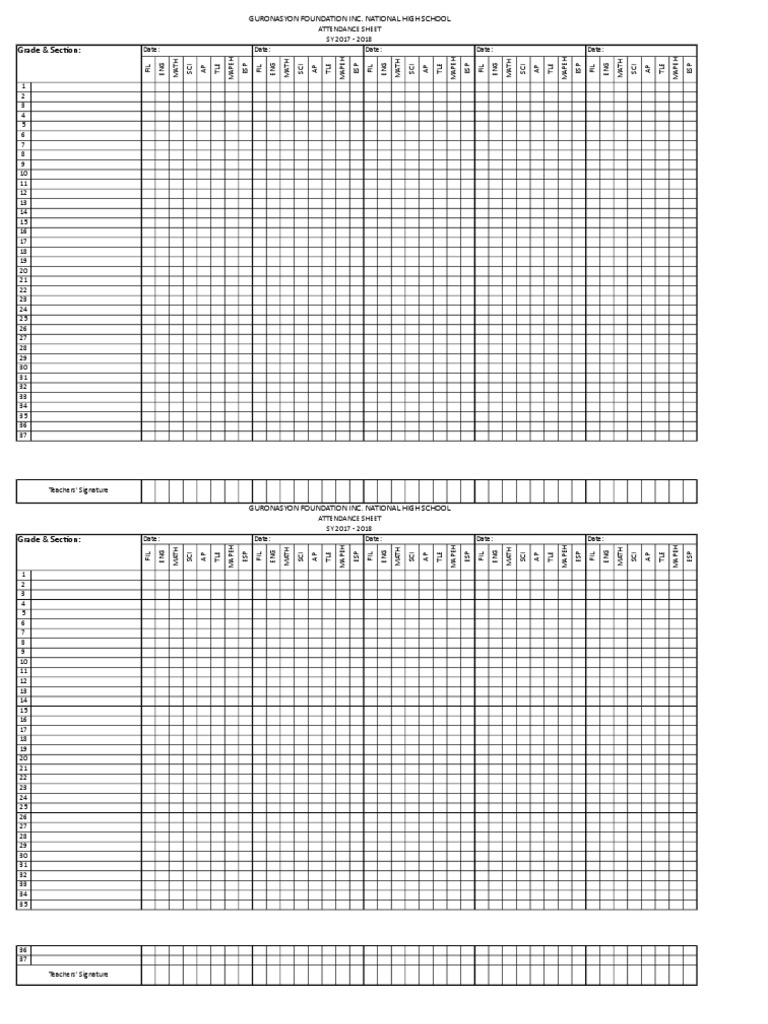 2017-2018 High School Attendance Sheet | PDF