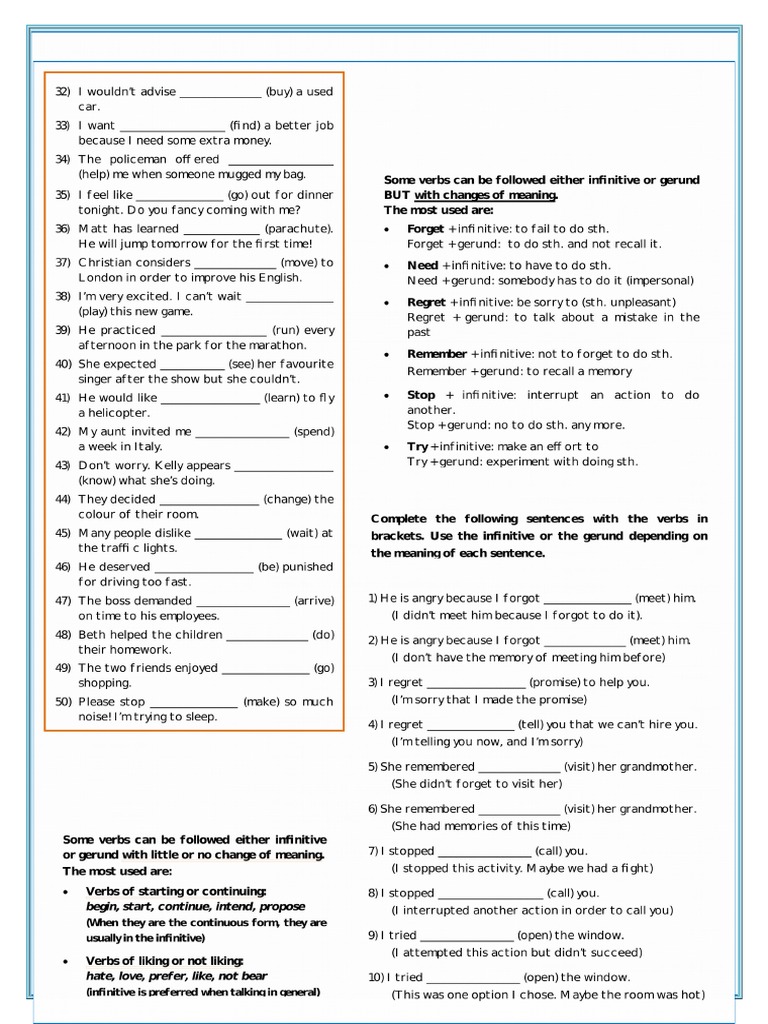 Verbs Followed by Gerund or Infinitive Grammar Drills Information Gap ...