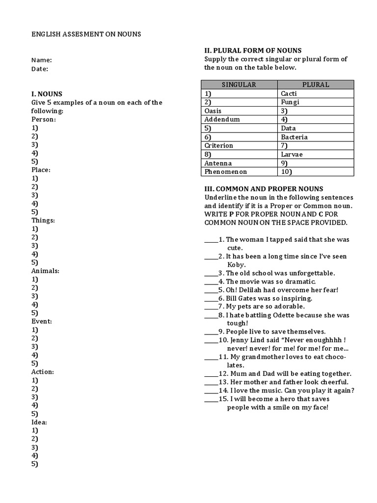 Noun Assessment Worksheet for Students | PDF | Noun | Scientific ...