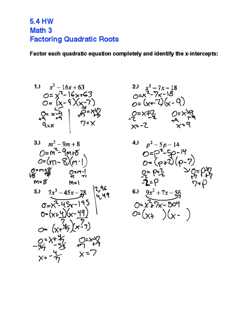 5.4 HW Math 3 Factoring Quadratic Roots: Factor Each Quadratic Equation ...
