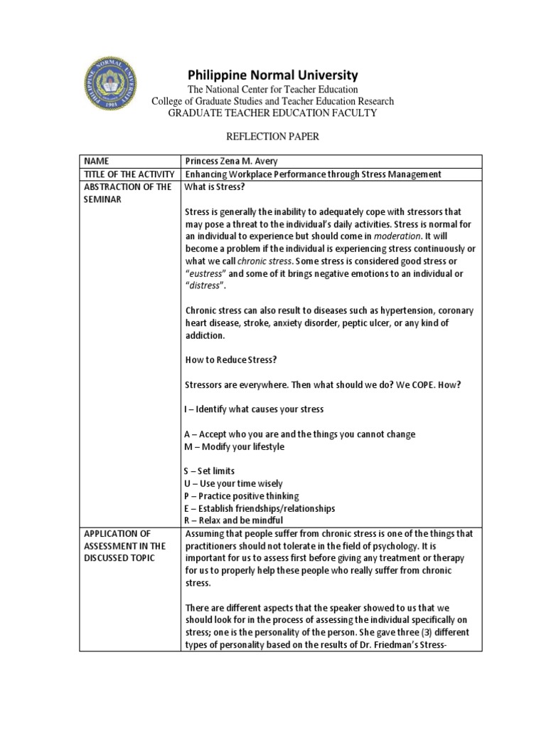 Stress Management Seminar Reflection Paper | PDF | Coping (Psychology ...